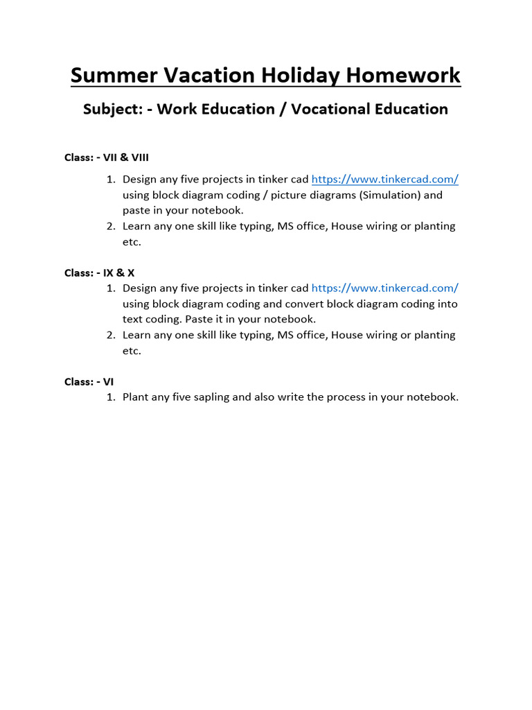 Summer Vacation Holiday Homework | PDF