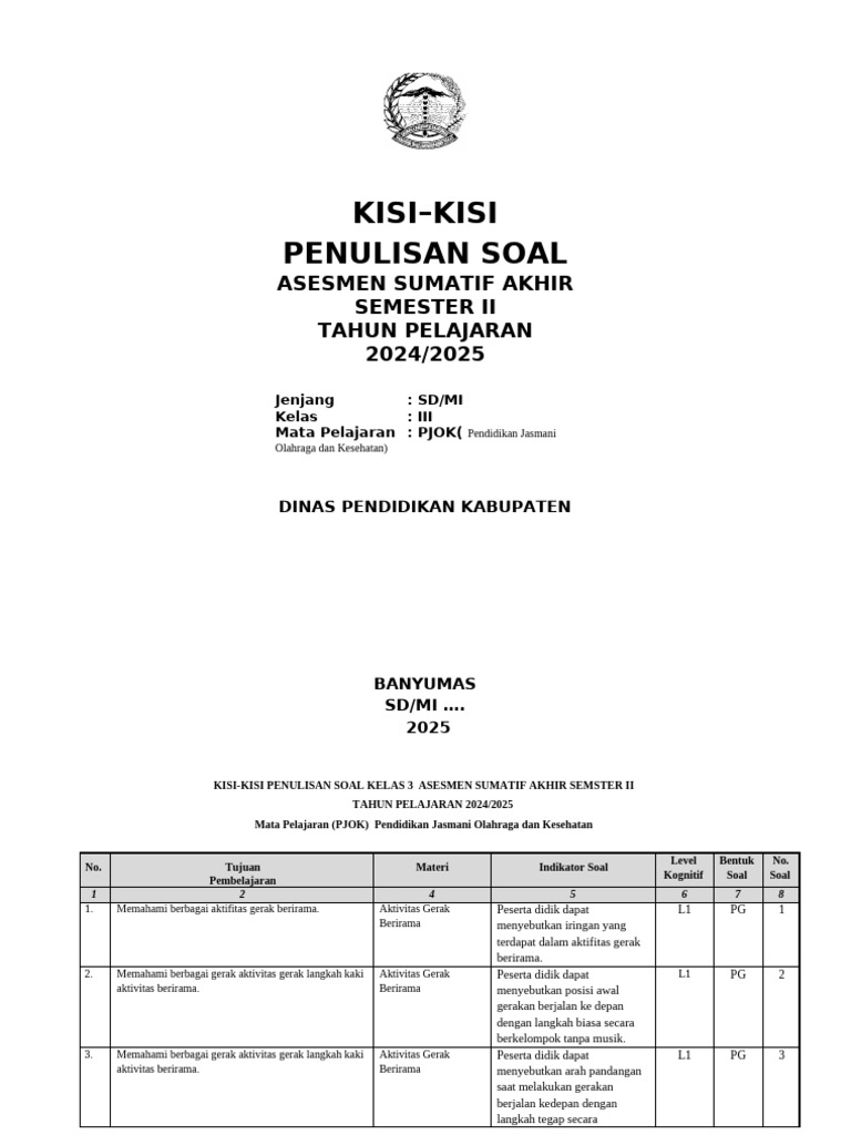 Kisi-Kisi Pjok Asas Semeter Ii Kelas 3 | PDF