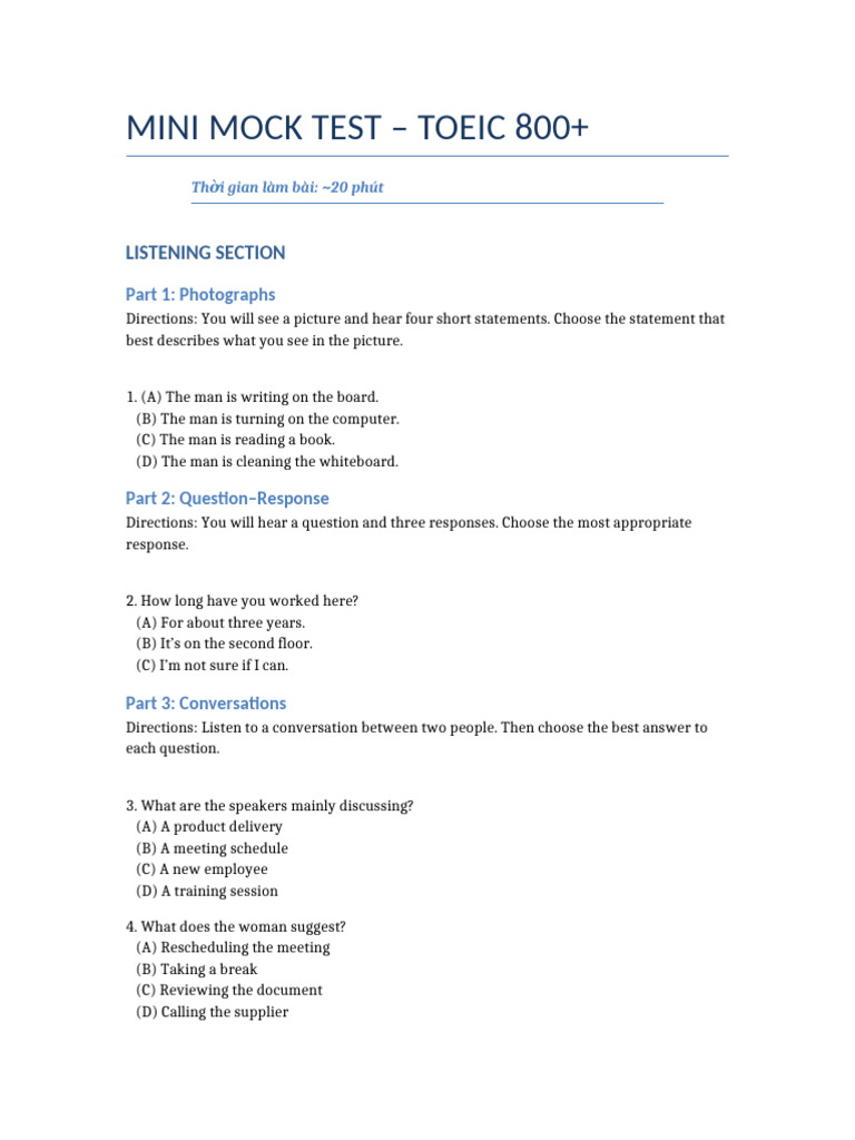 Mini Mock Test for TOEIC 800+ | PDF