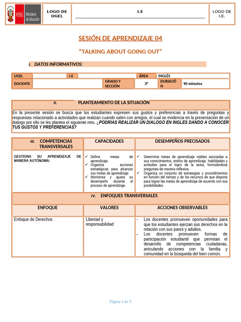 Inglés 3° - Sesión de Aprendizaje 04 | PDF | Aprendizaje