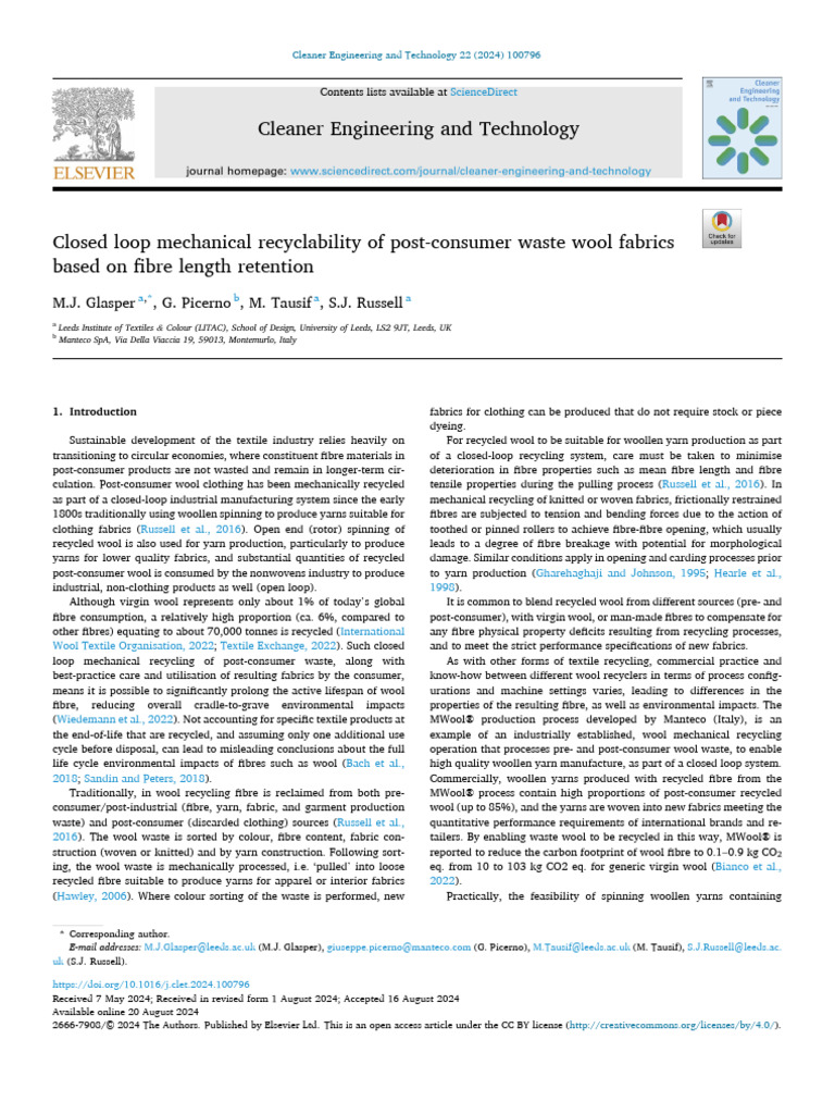 6 Closed Loop Mechanical Recyclability of Post-Consumer Waste Wool ...