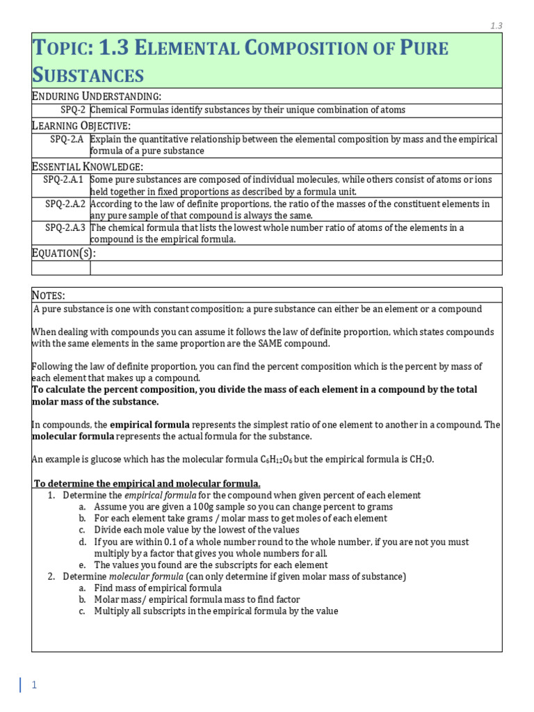 1.3+Elemental+Composition+of+a+pure+substance+student | PDF | Mole ...