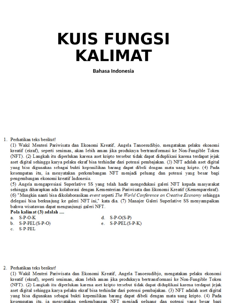 KUIS FUNGSI KALIMAT | PDF