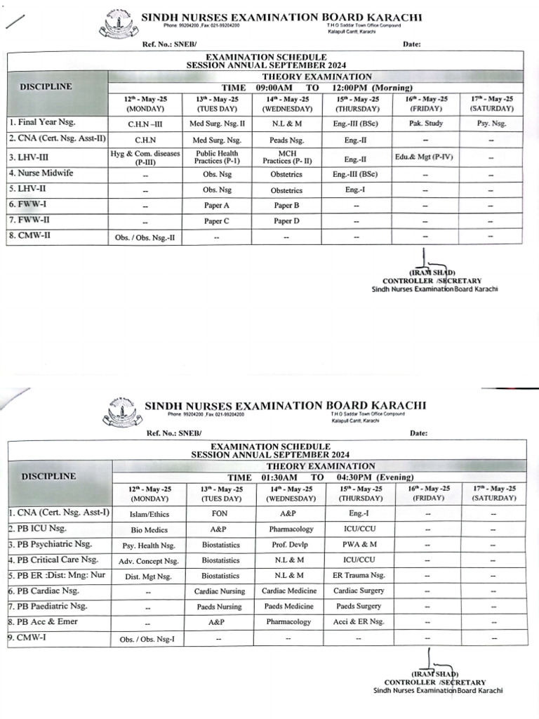 SNEB Annual September 2024 Exam Schedule | PDF