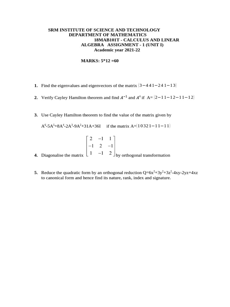 18MAB101T_ASSIGNMENT-1_ UNIT -1 (2) (1) | PDF