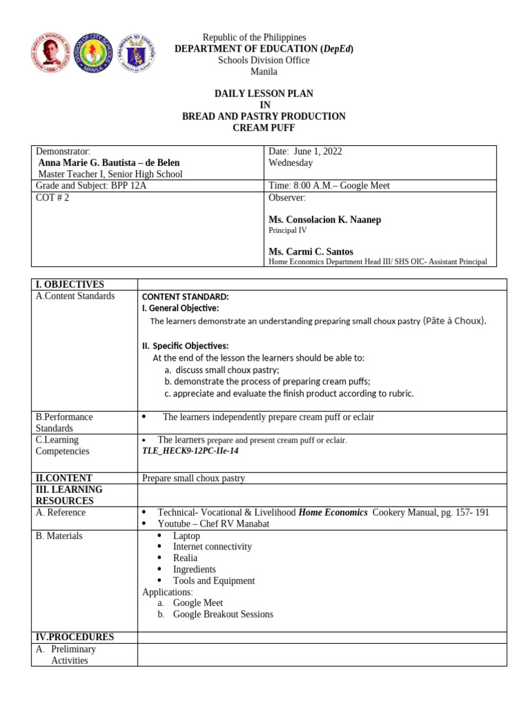Table Setting Lesson Plan - 1st Week | PDF | Cakes | Custard