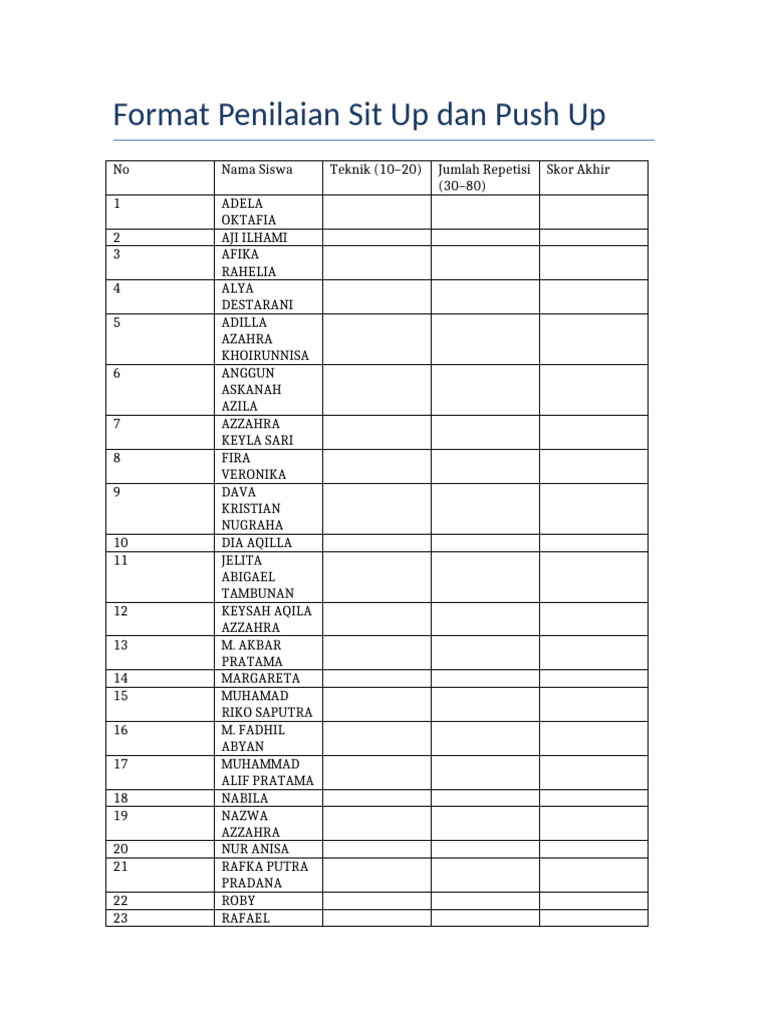 Format Penilaian Siswa Situp Pushup | PDF