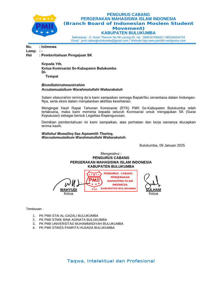 Pemberitahuan Pengajuan SK PMII Bulukumba | PDF