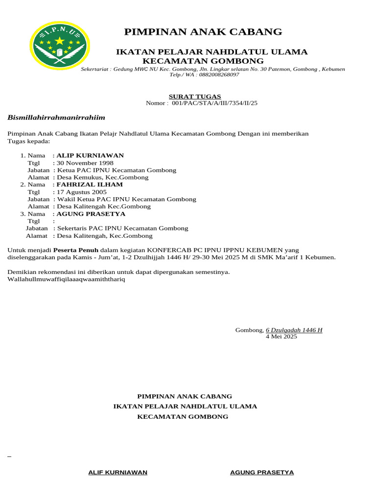 SURAT TUGAS PAC IPNU Kecamatan Gombong | PDF