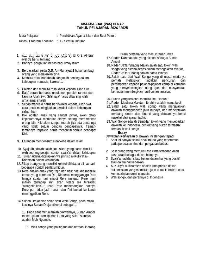 Kisi-kisi Soal Pai Pas Genap Kelas x | PDF