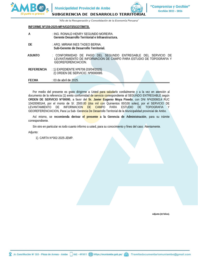 INFORME Nº159-2025-SGDT-MPA-MITB-JAVIER EUGENIO MOYA PINEDO-CONFORMIDAD DE PAGO DEL 2do ...