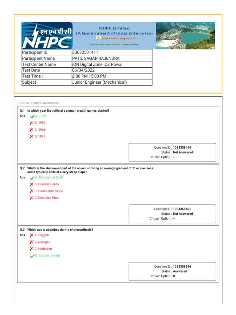 NHPC Answer Key 2022 Sagar | PDF