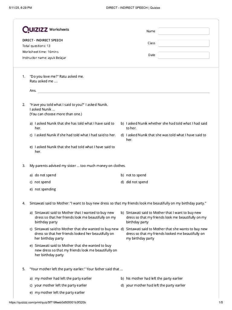 DIRECT - INDIRECT SPEECH - Quizizz | PDF | Childhood | Interpersonal ...