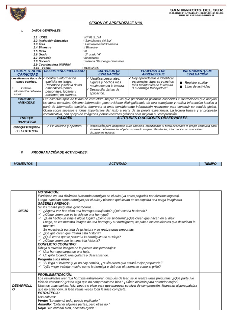 SESIÓN DE APRENDIZAJE N° 1 | PDF | Aprendizaje | Información