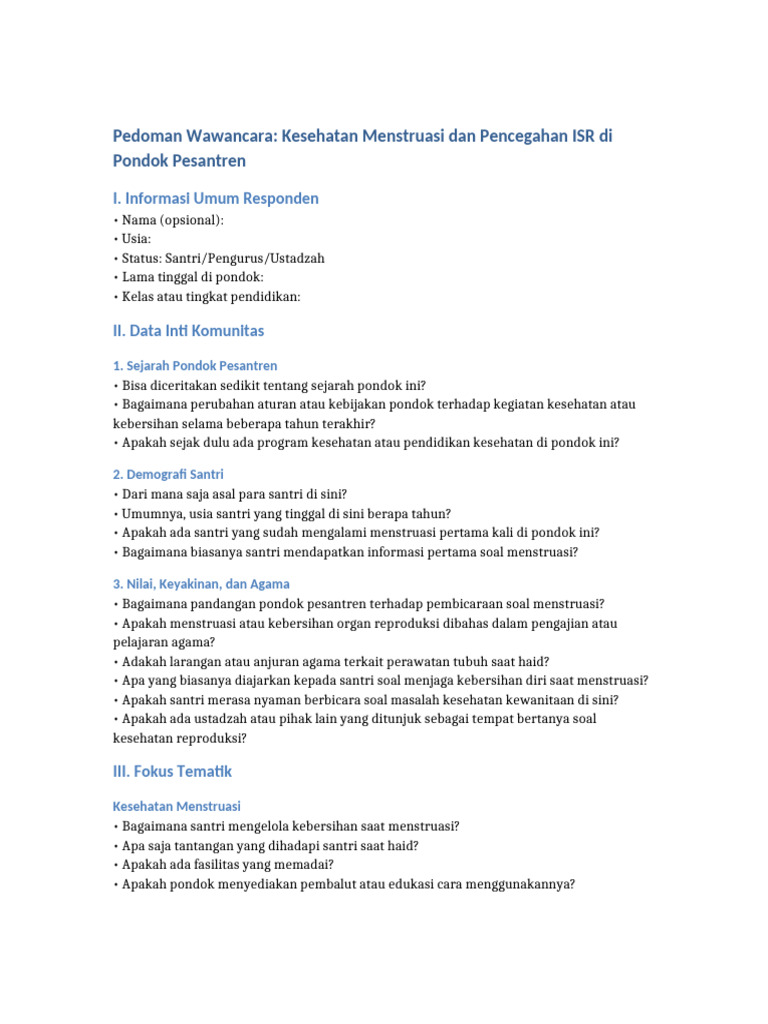 Pedoman Wawancara Menstruasi ISR | PDF