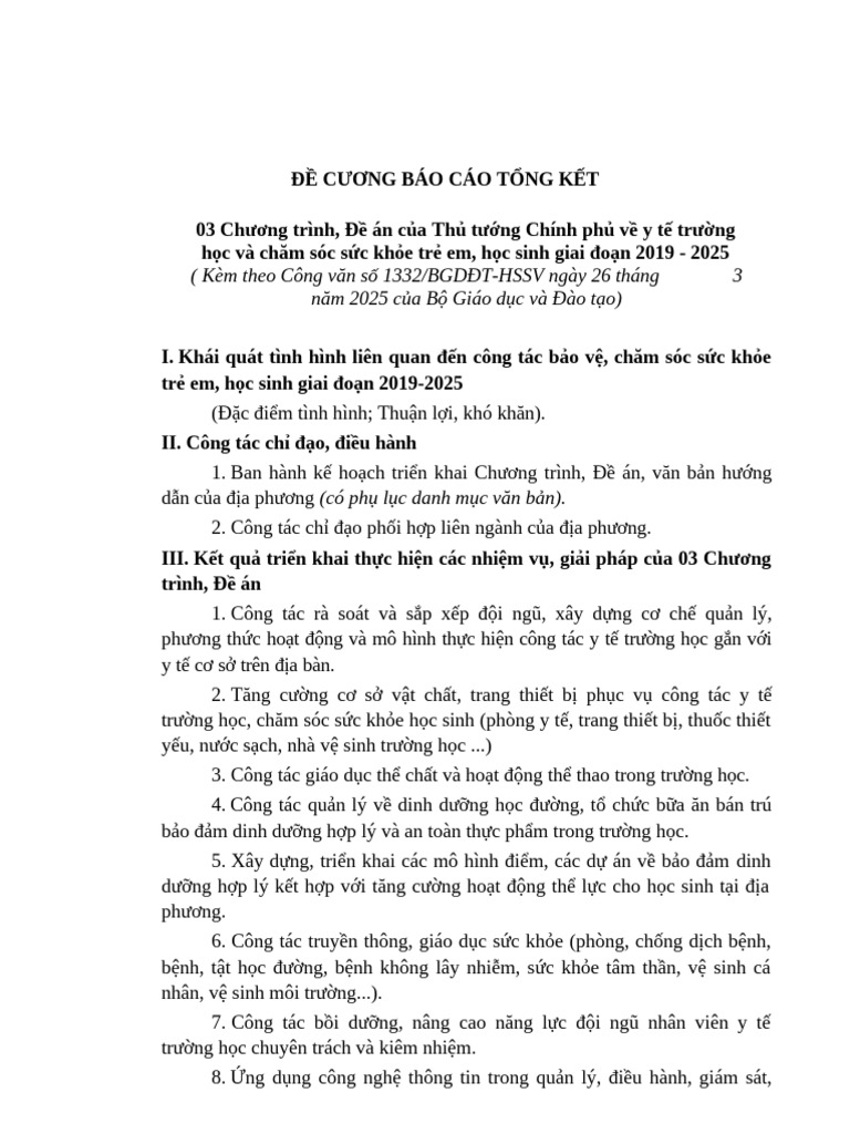 De Cuong Bao Cao y Te Truong Hoc | PDF