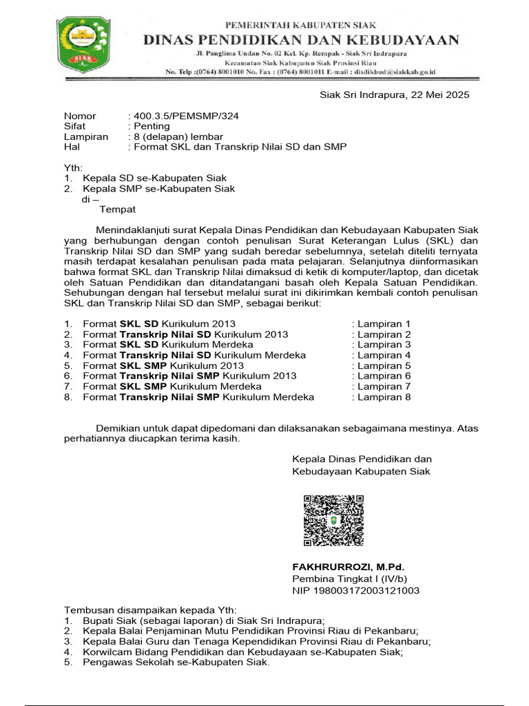Format SKL Dan Transkrip Nilai SD-SMP 2025 Siak Final | PDF