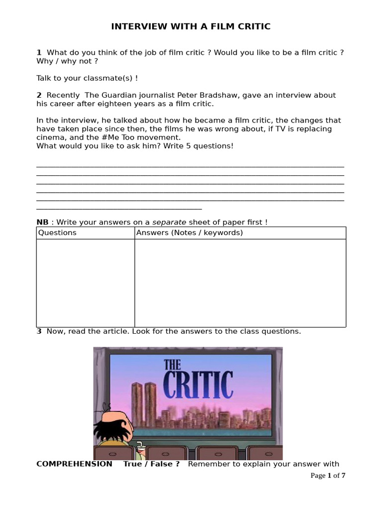 Lesson 1 Media Cinema Interview Film Critic Worksheet | PDF