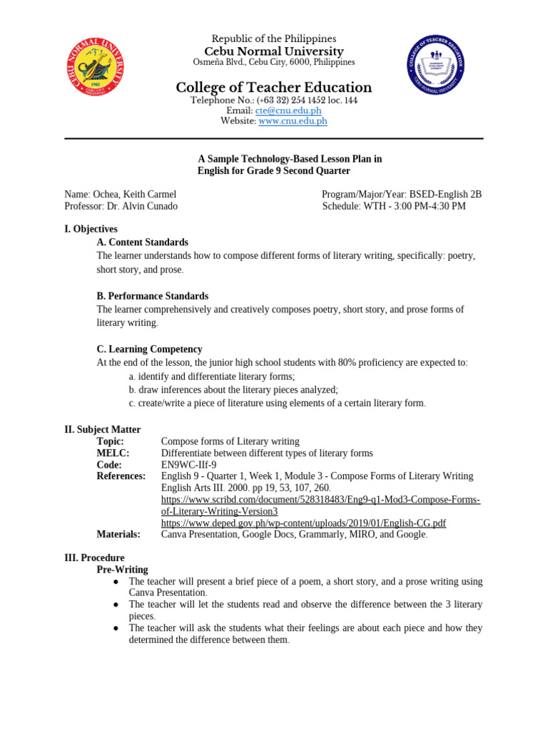 Educ6 - A Semi-Detailed Lesson Plan in English 9 - Ochea.K | PDF | Poetry | Lesson Plan