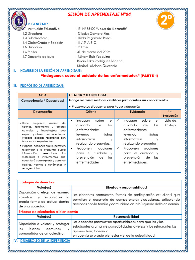 SESION DE APRENDIZAJE N 04 Indagamos Sobre El Cuidado de Las ...
