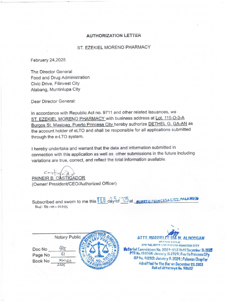 Authorization Letter of ST - Ezekiel Moreno Pharmacy For LTO-cropped | PDF