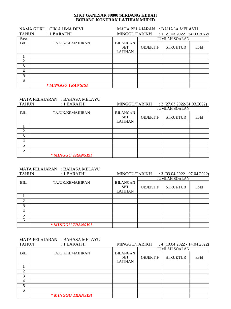 Kontrak Latihan BM T1 | PDF