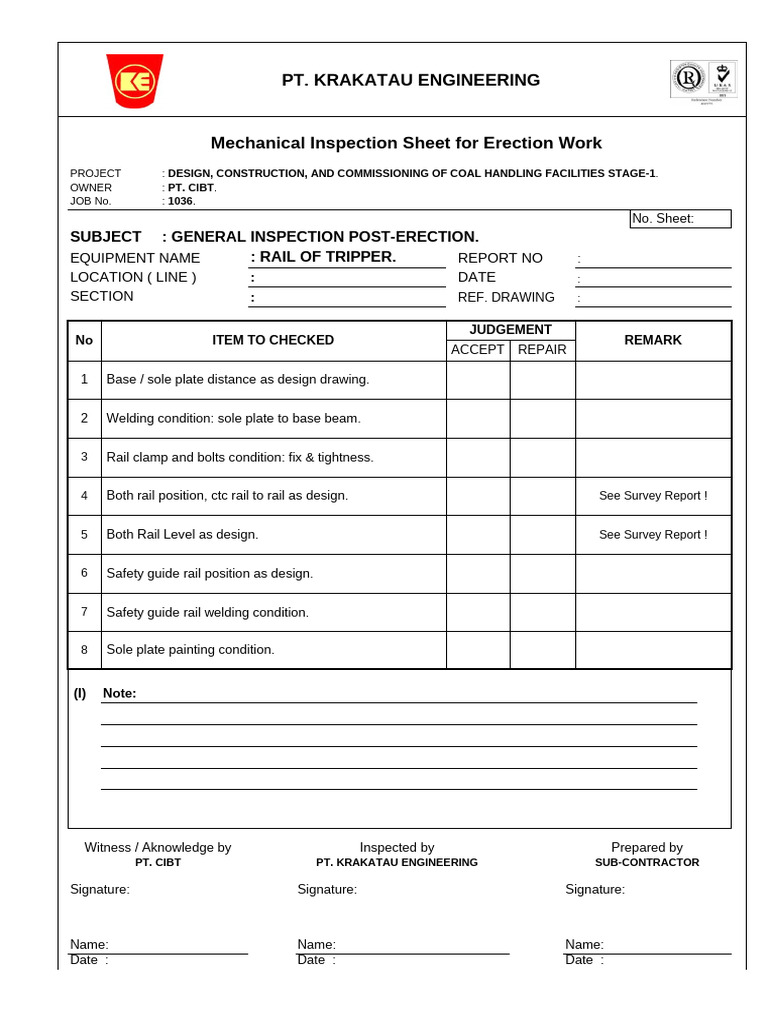 TRIPPER RAIL, FORM General Inspection Post Erection | PDF