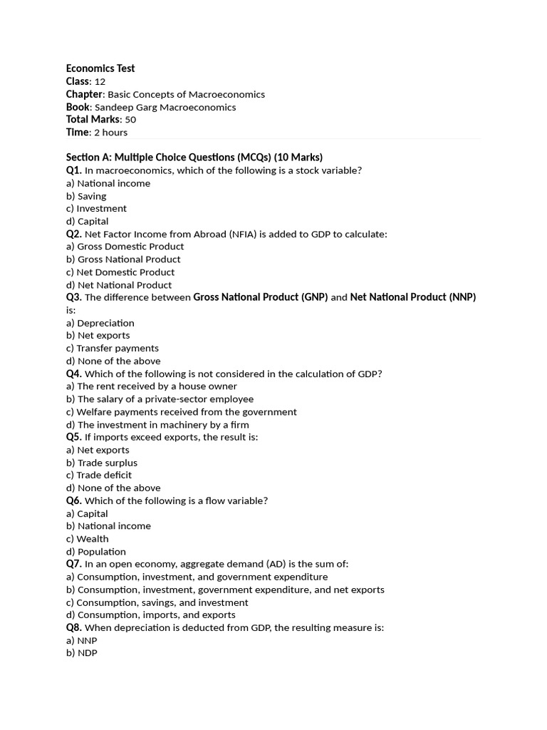 Economics Test - Basic Concepts | PDF | Gross Domestic Product ...