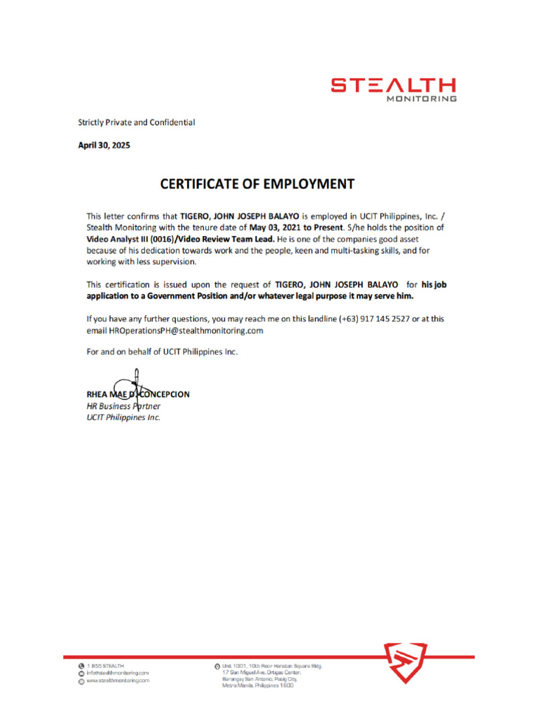 Video Analyst III Team Lead Employment Certificate | PDF