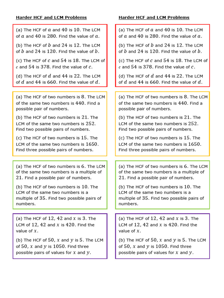 Harder HCF and LCM Problems Practice Strips | PDF