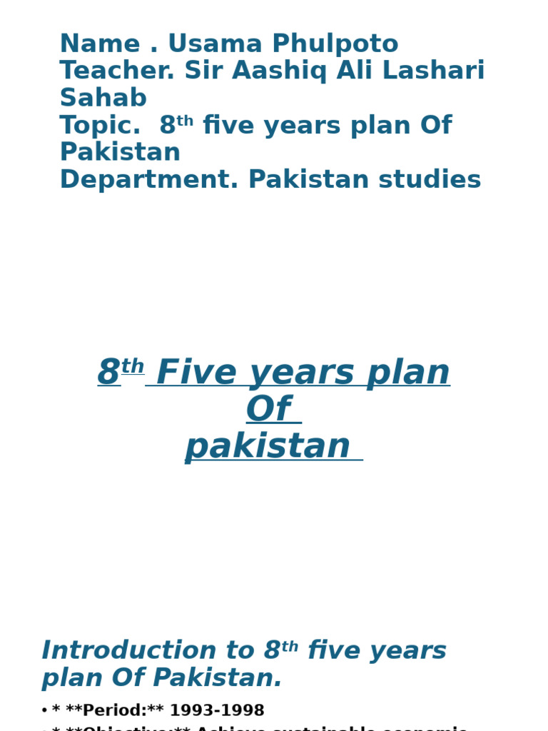 8 TH Five Years Economic Plan of Pakistan by Usama | PDF