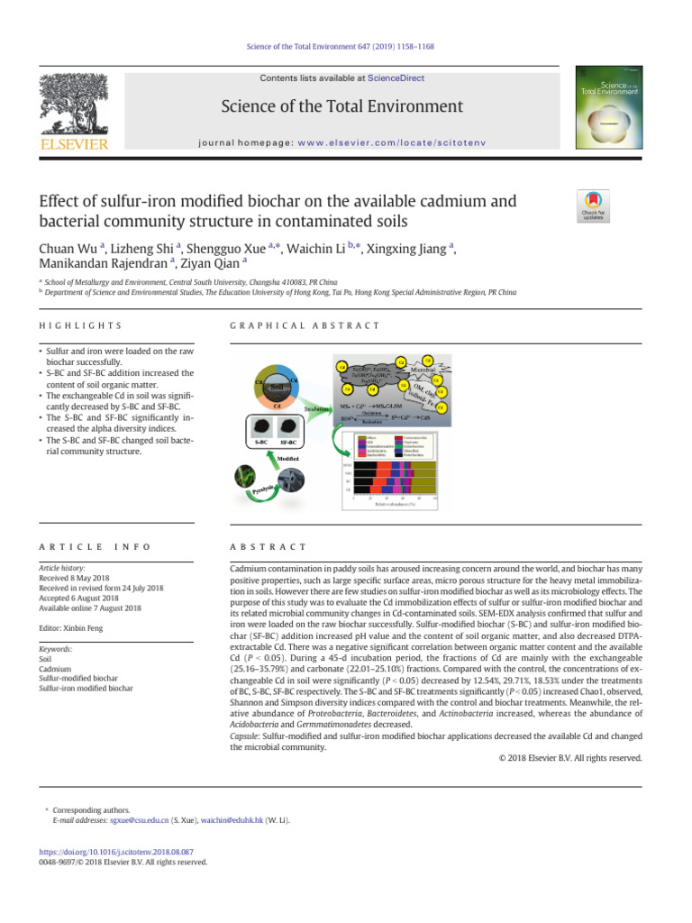 Effect of Sulfur-Iron Modified Biochar On The Available Cadmium and ...