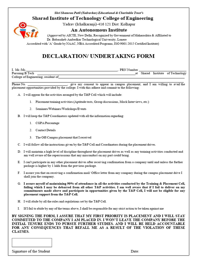Undertaking Form Placement 2026 Batch | PDF