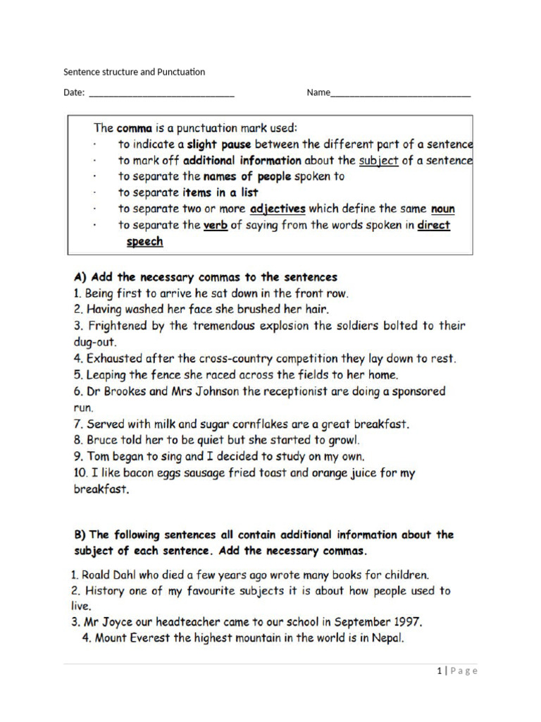 Sentence Structure and Punctuation | PDF