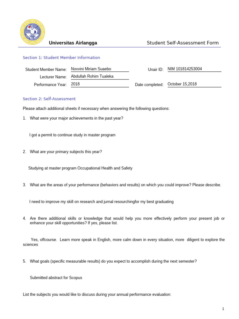 Self-Assessment Form | PDF