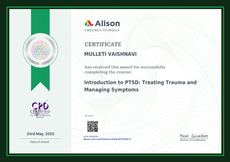 Alison Certificate Introduction To PTSD: Treating Trauma and Managing ...