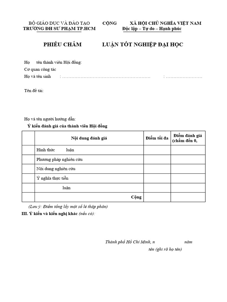 Phieu Cham Diem KLTN | PDF