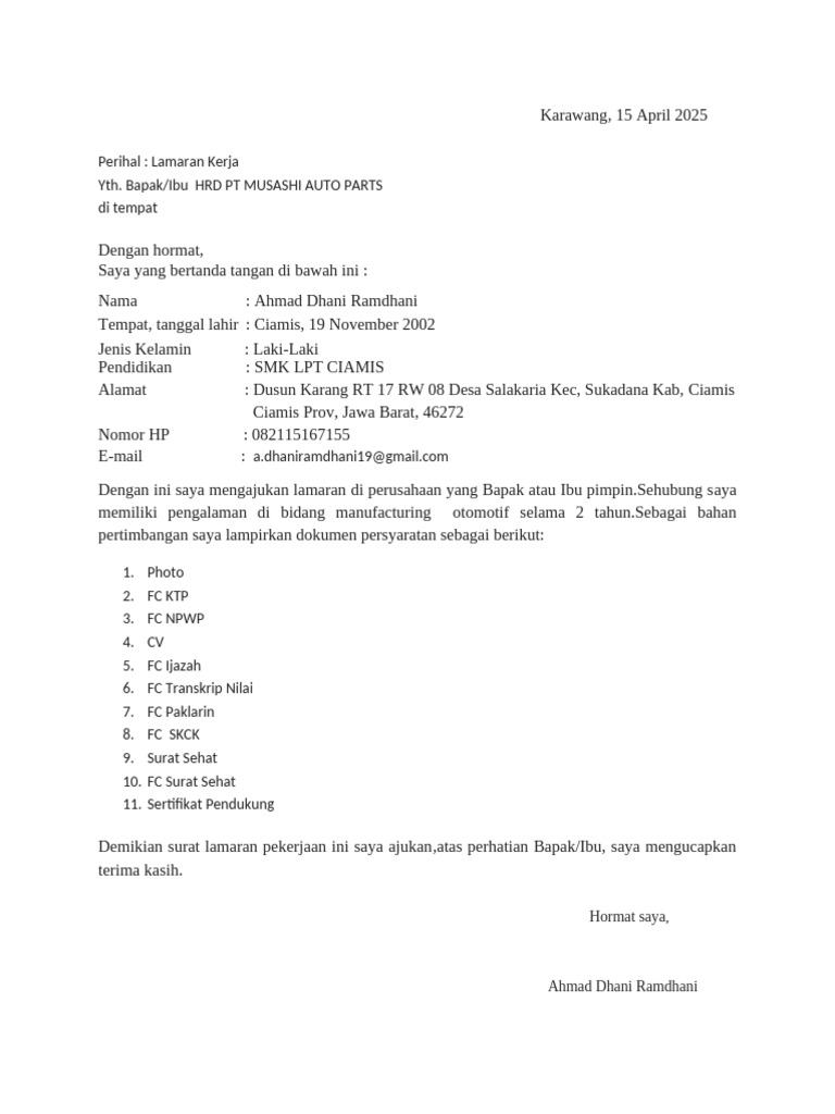 Surat Lamaran Kerja | PDF