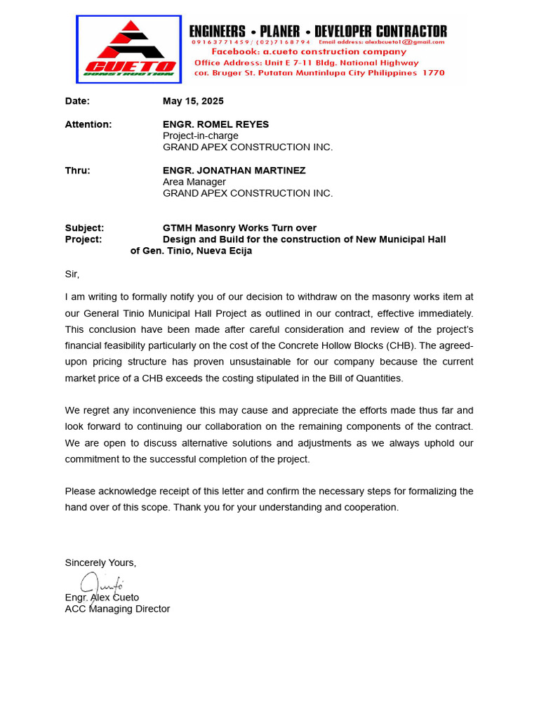 GTMH Turnover Letter | PDF