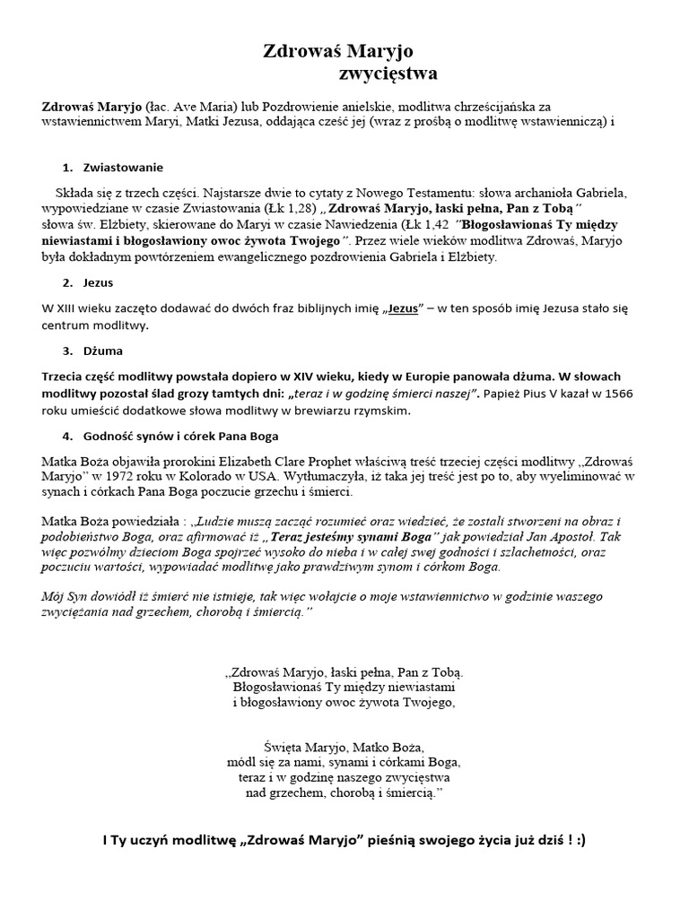 Zdrowas Maryjo - Modlitwa Zwyciestwa | PDF