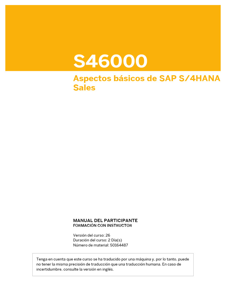 S46000 Aspectos Básicos de SAP S/4HANA Sales | PDF | Planificación de recursos empresariales ...