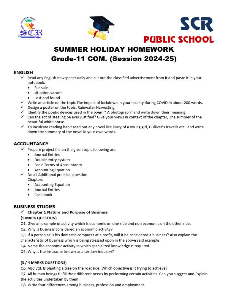 Public School: Summer Holiday Homework Grade-11 COM. (Session 2024-25 ...