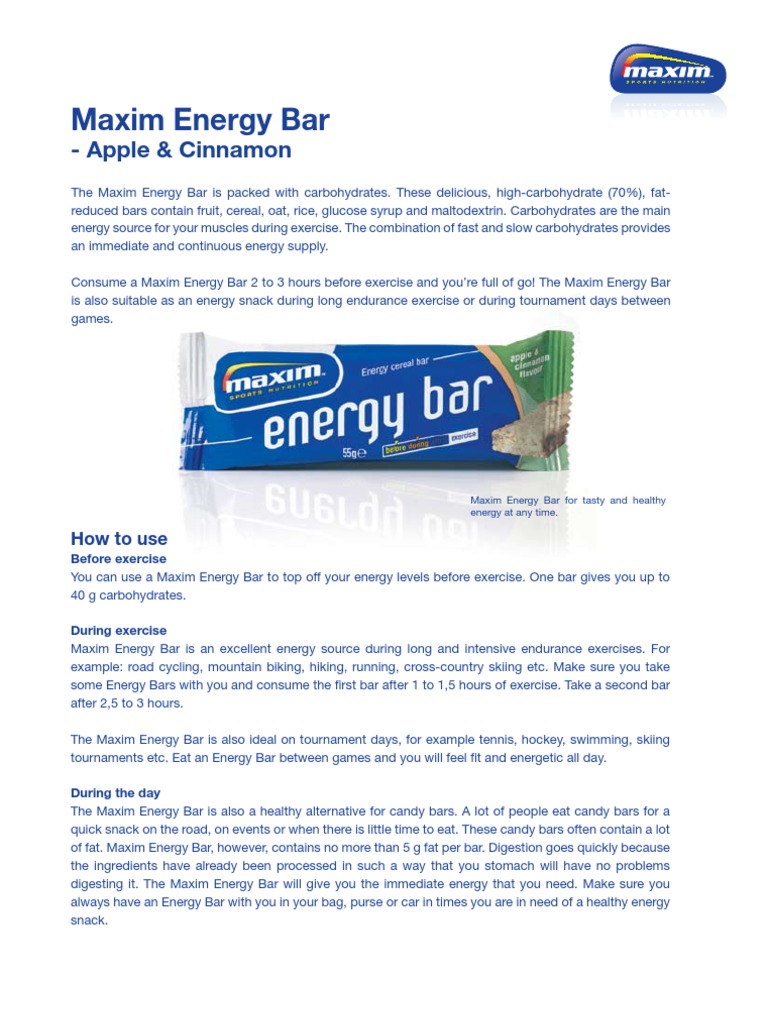 Apple & Cinnamon Maxim Energy Bar | PDF | Carbohydrates | Glucose