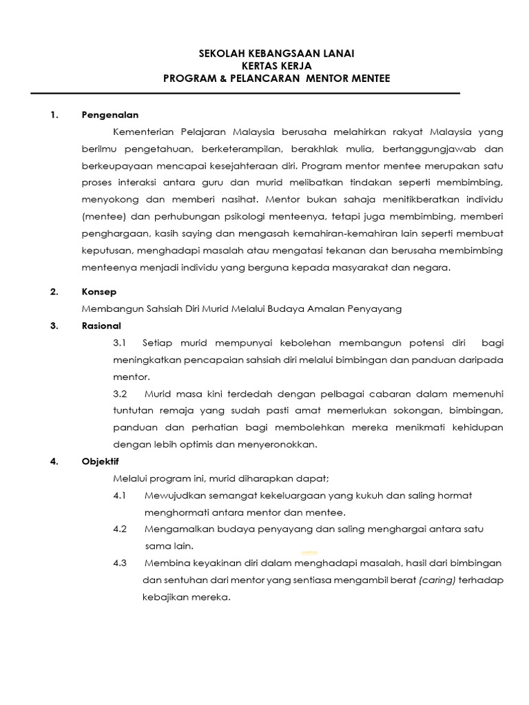 Kertas Kerja Program Mentor Mentee SK Lanai 2025 | PDF