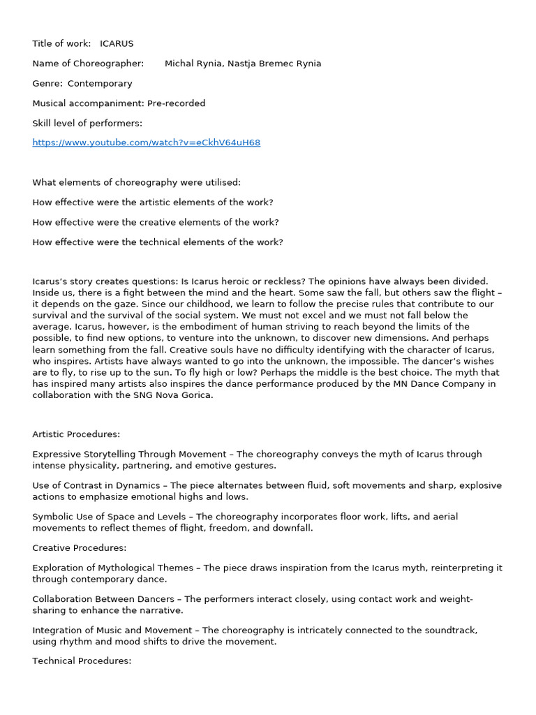 Develop Choreography Skills - Task 2 | PDF | Dances | Choreography