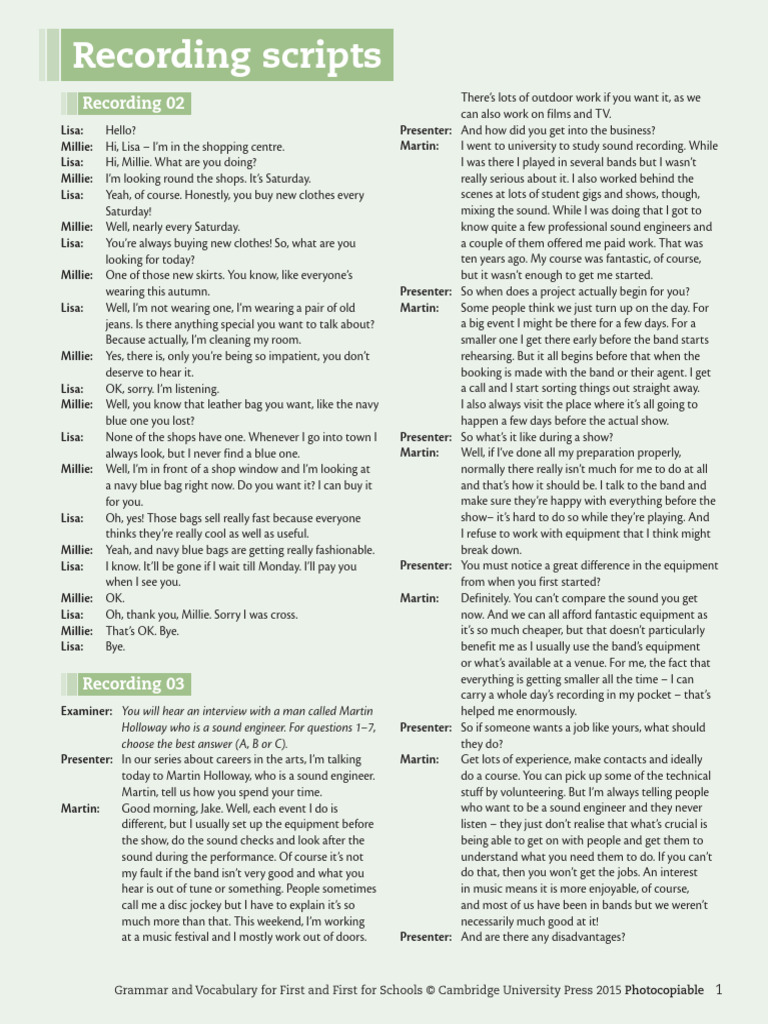 Grammar Vocabulary First and First For Schools Recording Scripts | PDF