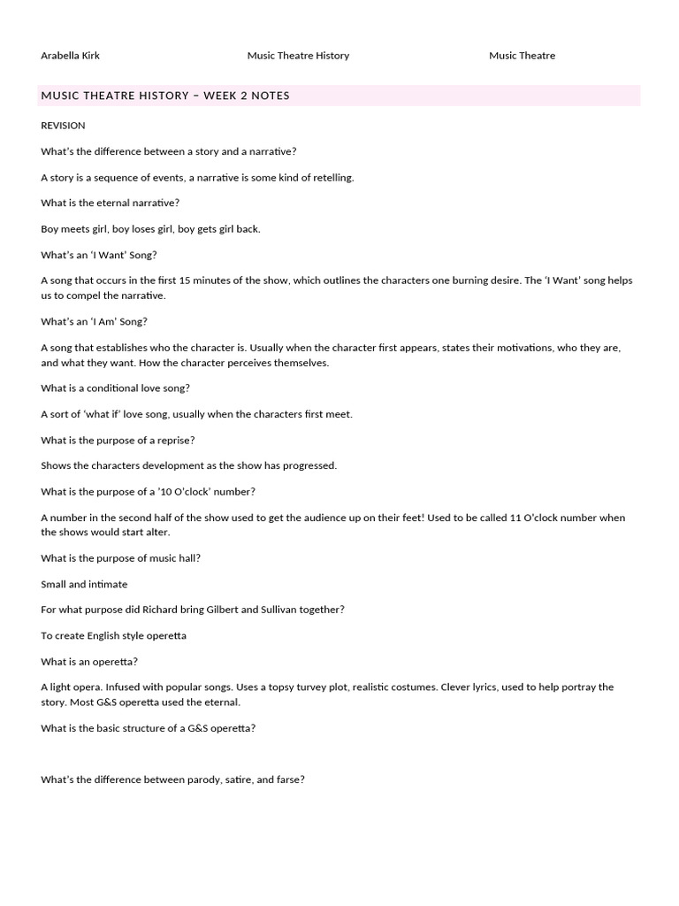 Music Theatre History - Week 2 Notes | PDF | Vaudeville | Minstrel Show