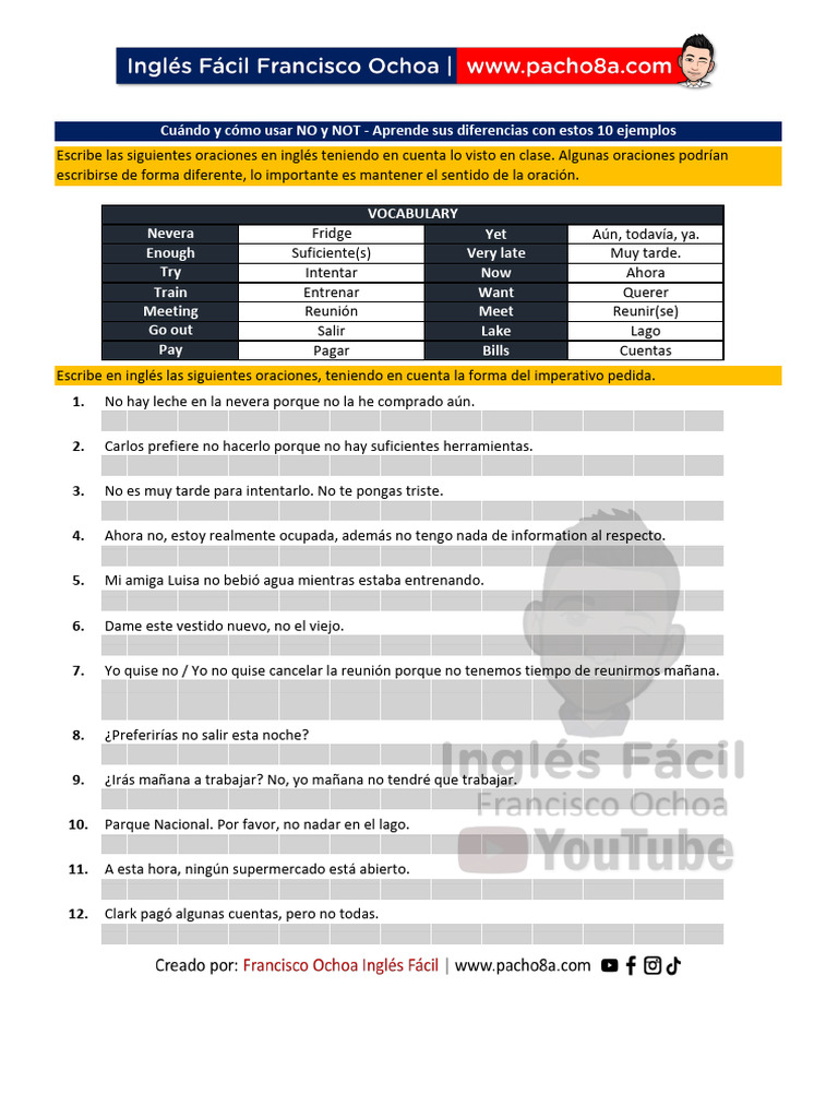 Cuándo y Cómo Usar No y Not en Inglés - Diferencias | PDF