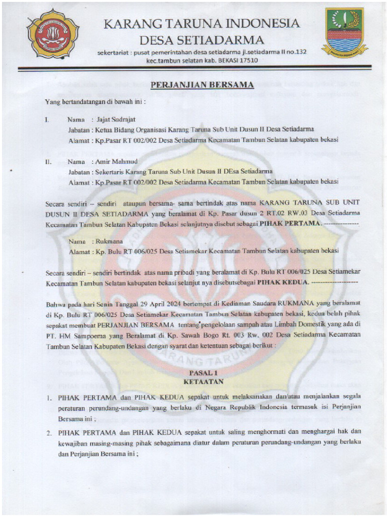 Amir Mahmud Sebagai Sekretari Karang Taruna Melakukan Perjanjian Bersama Dengan Pihak Lain Desa ...