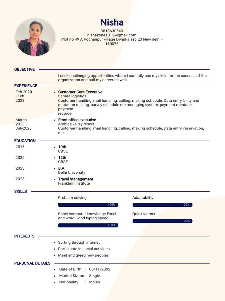 Nisha's Resume: Customer Care & Skills | PDF
